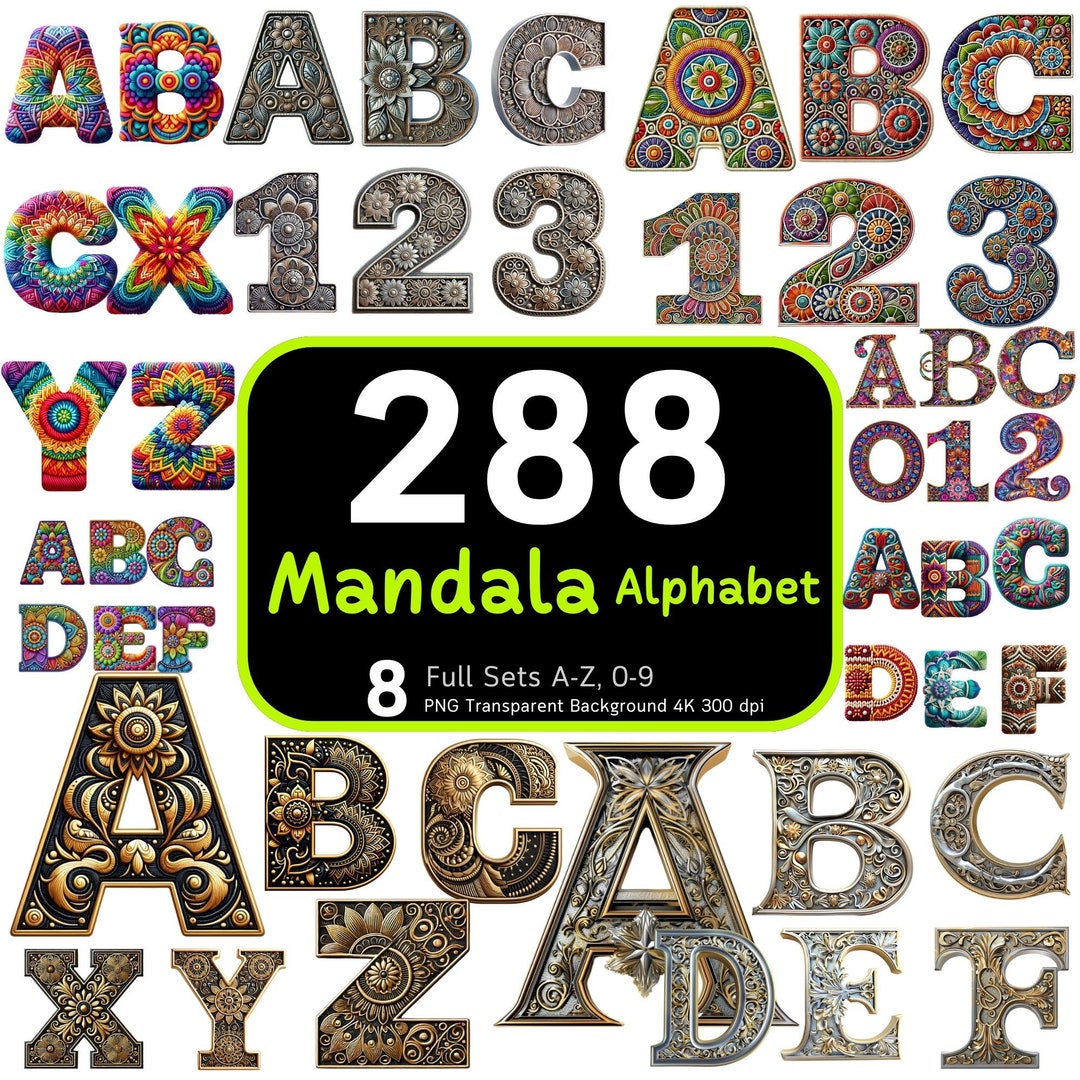 288 Mandala Alphabet Bundle, Mandala Letters, Colorful Mandala, Mandala ...