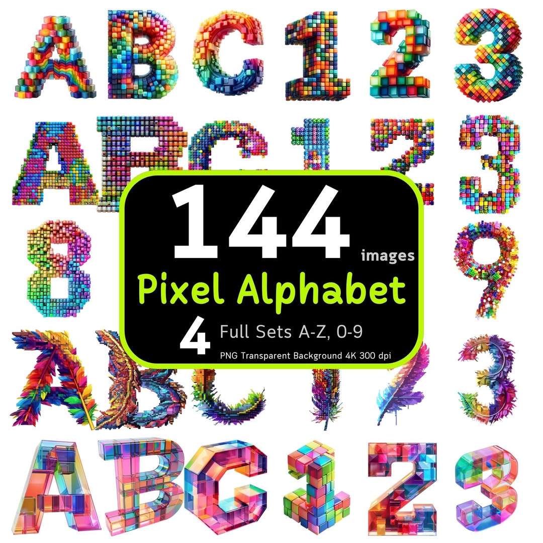 144 Pixel Alphabet Bundle, Pixel Clipart, Pixel PNG, Colorful Alphabet ...