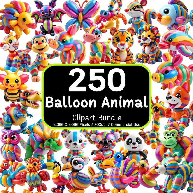 250 Balloon Animal Clipart Bundle: Vibrant 3D PNG, Party Decor, Kawaii ...