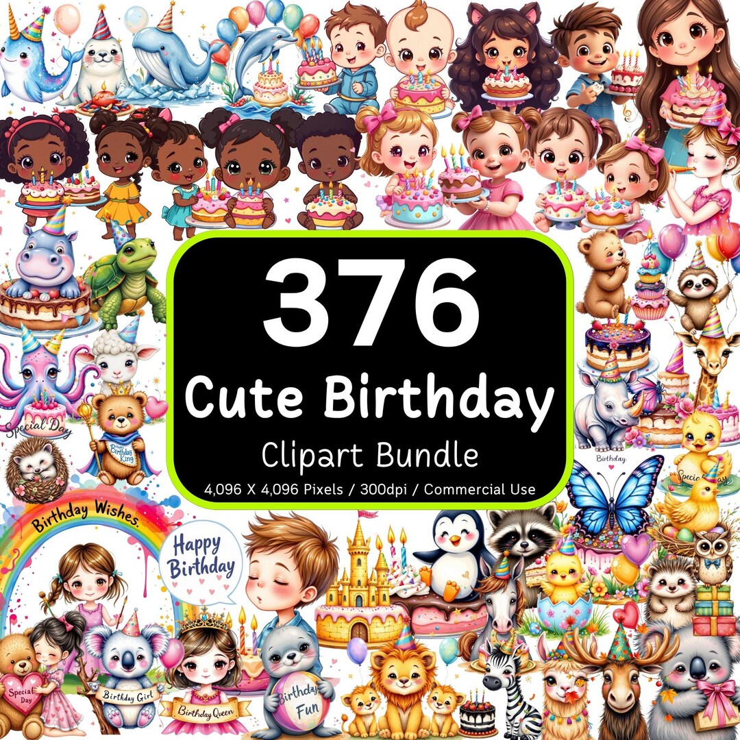 376 Cute Birthday Clipart Bundle, Nursery PNG, Birthday Sublimation ...