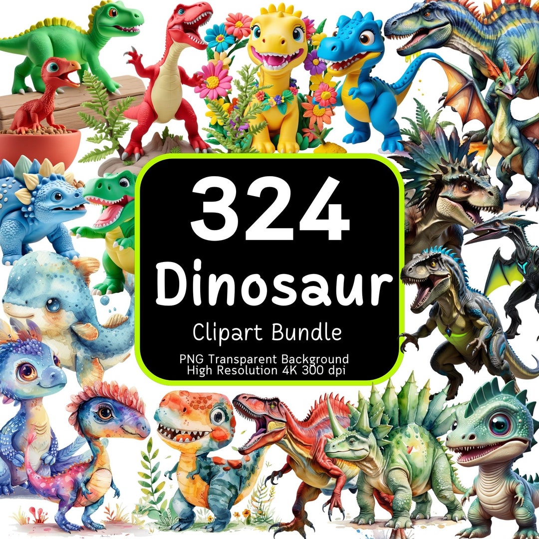 324 Dinosaur Clipart Bundle, Dinosaur Watercolor, Cartoon Dinosaur ...