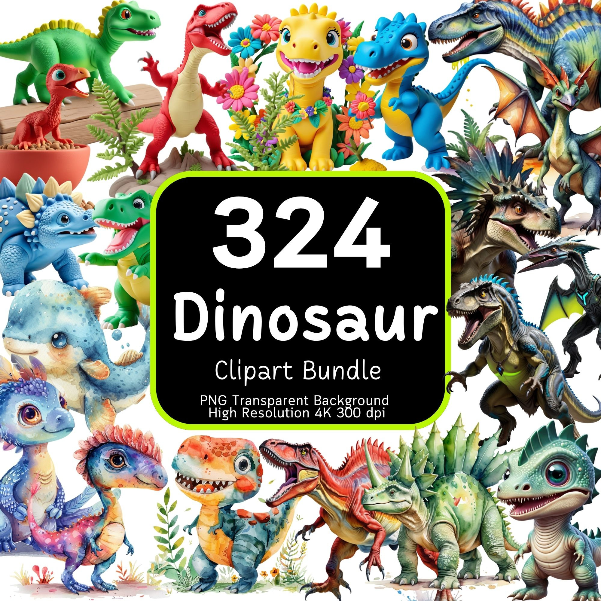 324 Dinosaur Clipart Bundle, Dinosaur Watercolor, Cartoon Dinosaur ...
