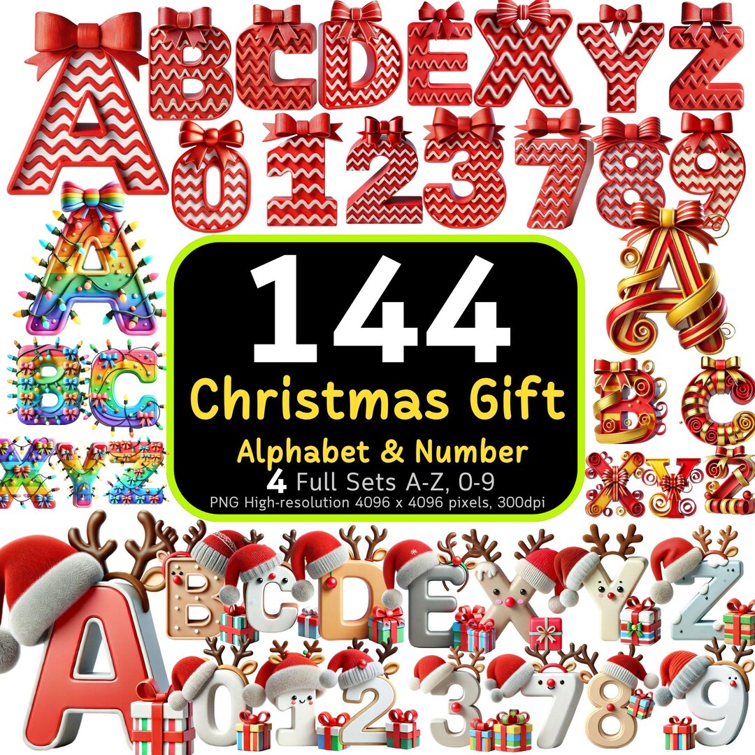 144 Christmas Gift Alphabet & Numbers Bundle, Christmas Alphabet ...