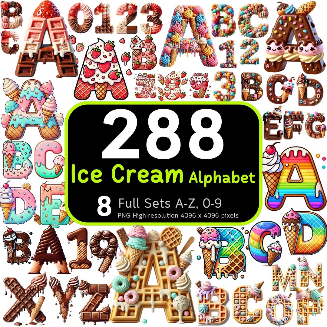 288 Ice Cream Alphabet & Numbers Bundle, Ice Cream Letters PNG ...