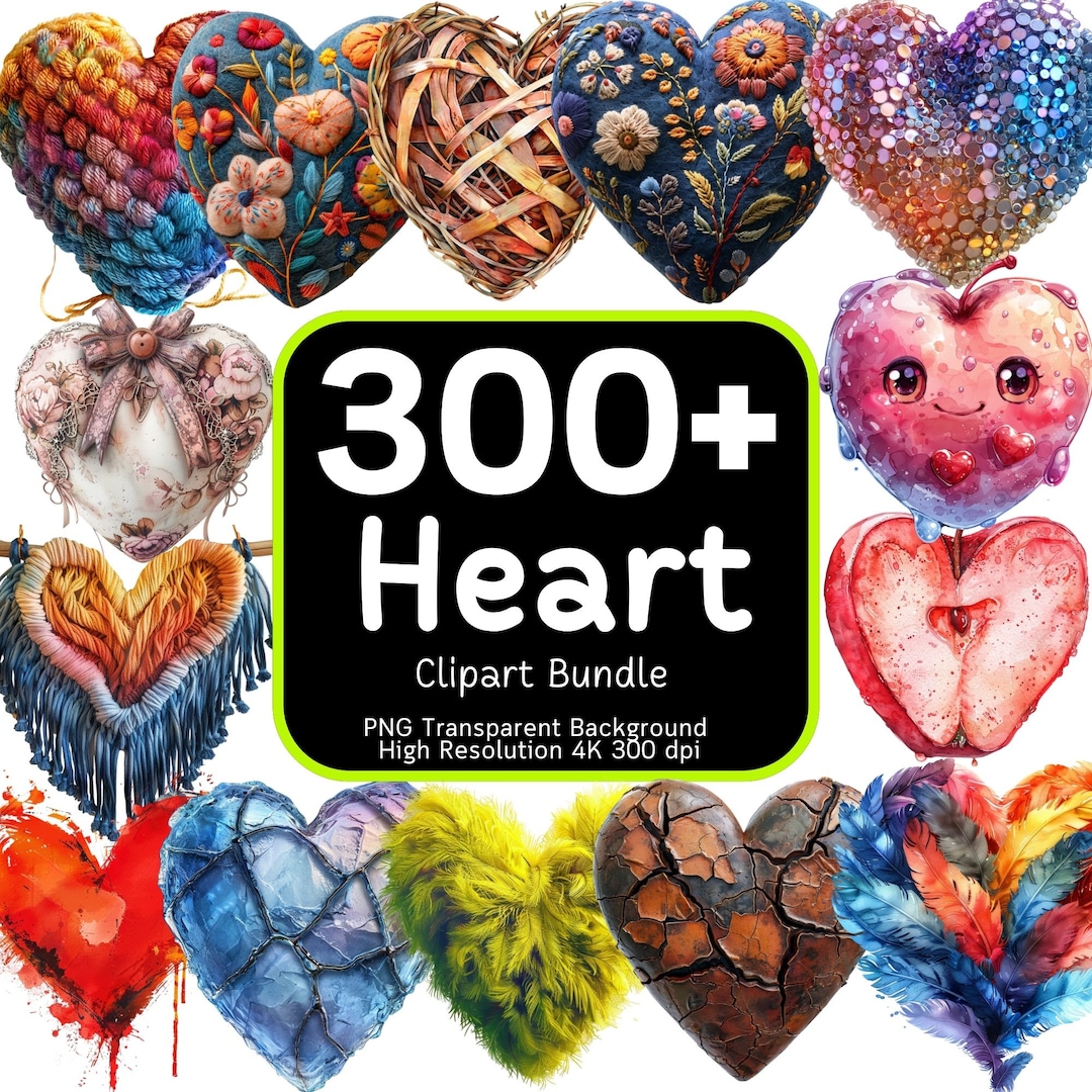 300 Heart Clipart Bundle, Watercolor Heart, Cute Heart, Floral Heart ...