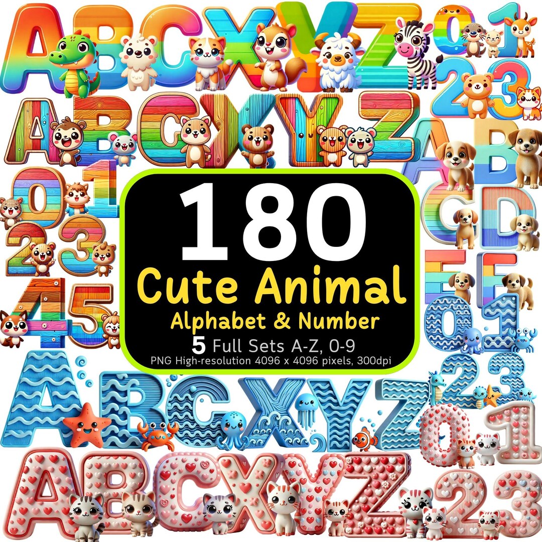 180 Cute Animal Alphabet & Numbers Bundle, Animal Alphabet Clipart ...
