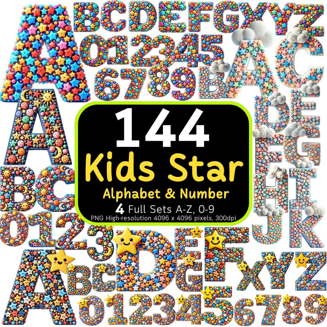 144 Kids Star Alphabet & Numbers Bundle, Cute Letters PNG, Cute Star ...