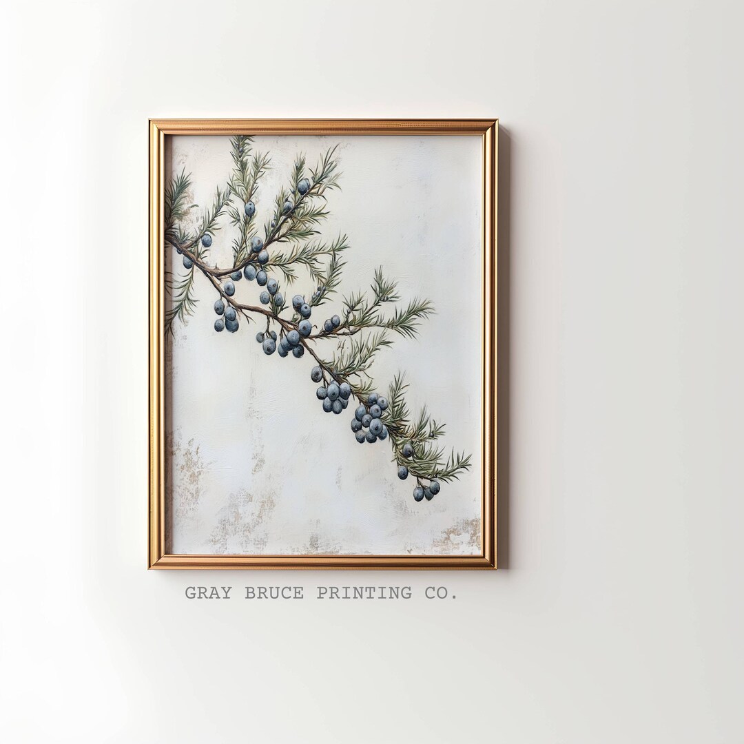 Printable Textured Rustic Evergreen Juniper Branch Painting on Canvas ...