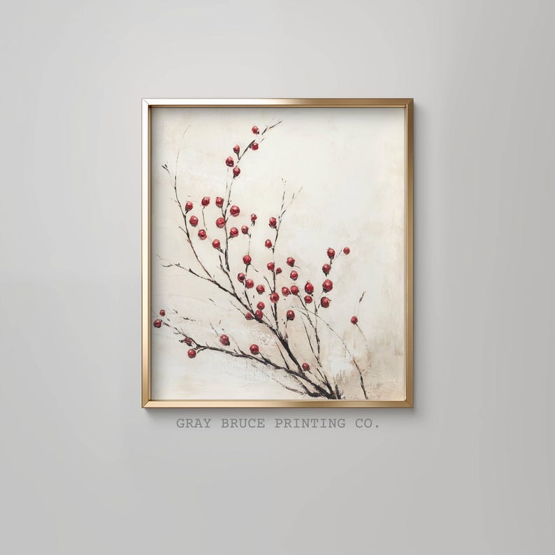 Winter-inspired Printable Abstract Red Berries Artwork and Soft Neutral ...