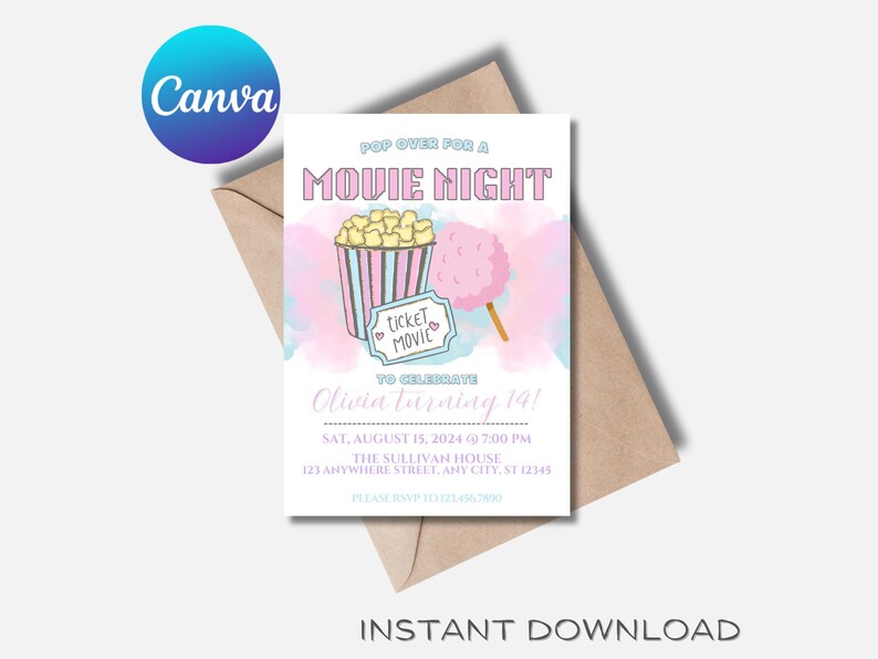 Movie Night Party, Editable Movie Night Invitation, Pink, Purple, and ...