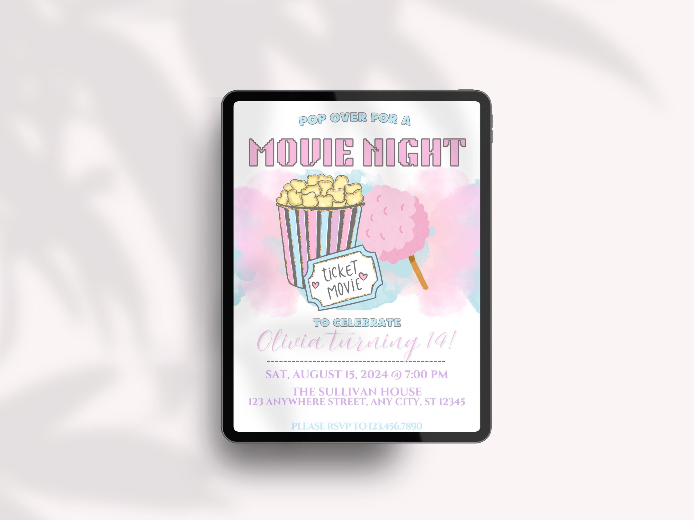 Movie Night Party, Editable Movie Night Invitation, Pink, Purple, and ...