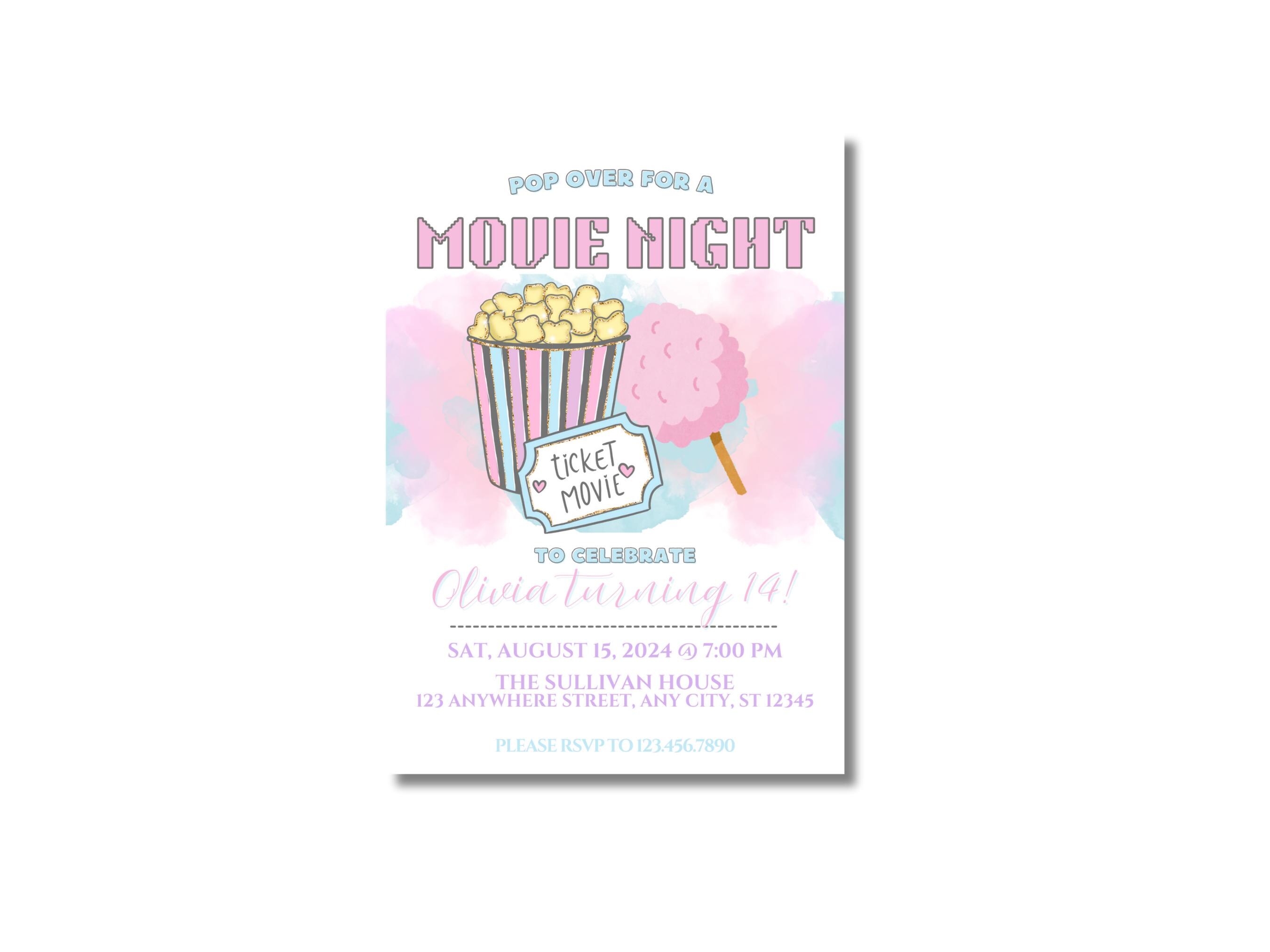 Movie Night Party, Editable Movie Night Invitation, Pink, Purple, and ...