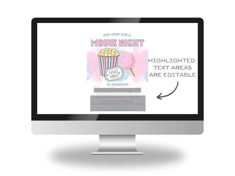 Movie Night Party, Editable Movie Night Invitation, Pink, Purple, and ...
