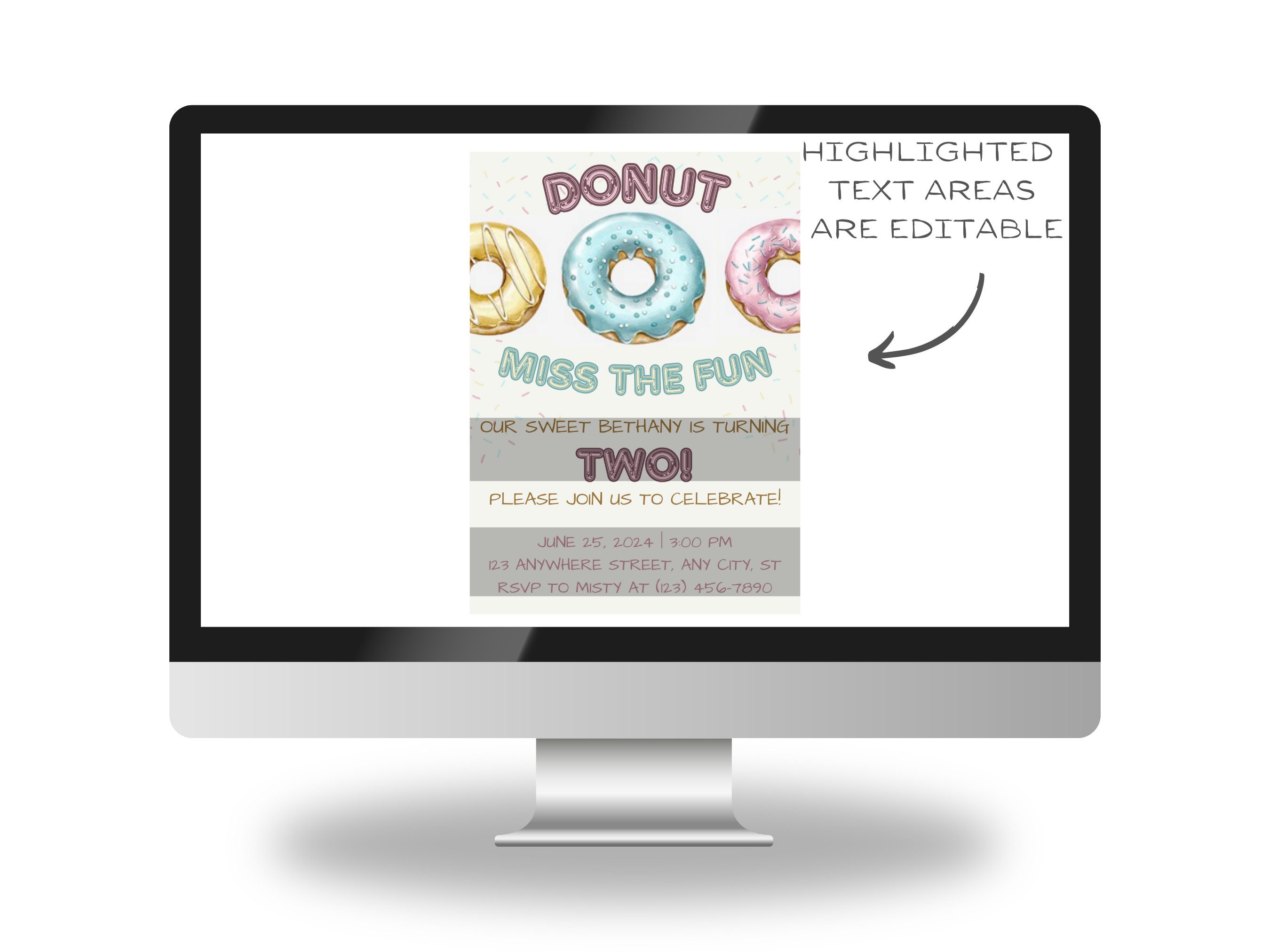 Donut Miss the Fun Birthday Party, Editable Donut Invitation, Sprinkle ...
