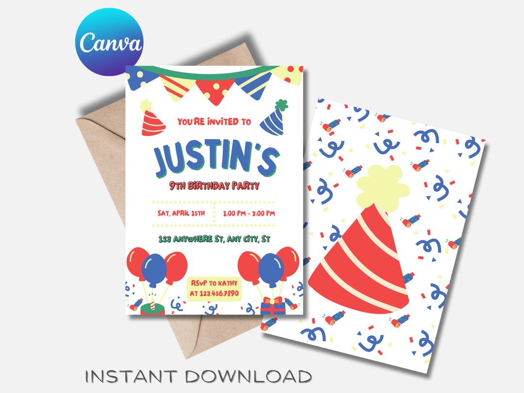 Red & Blue Confetti Birthday Party Invitation, Confetti and Balloons ...