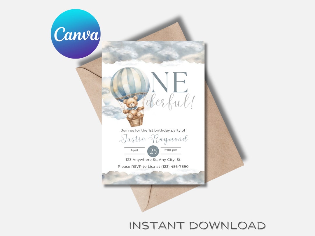 Onederful Hot Air Balloon Birthday Party, Editable Hot Air Balloon ...