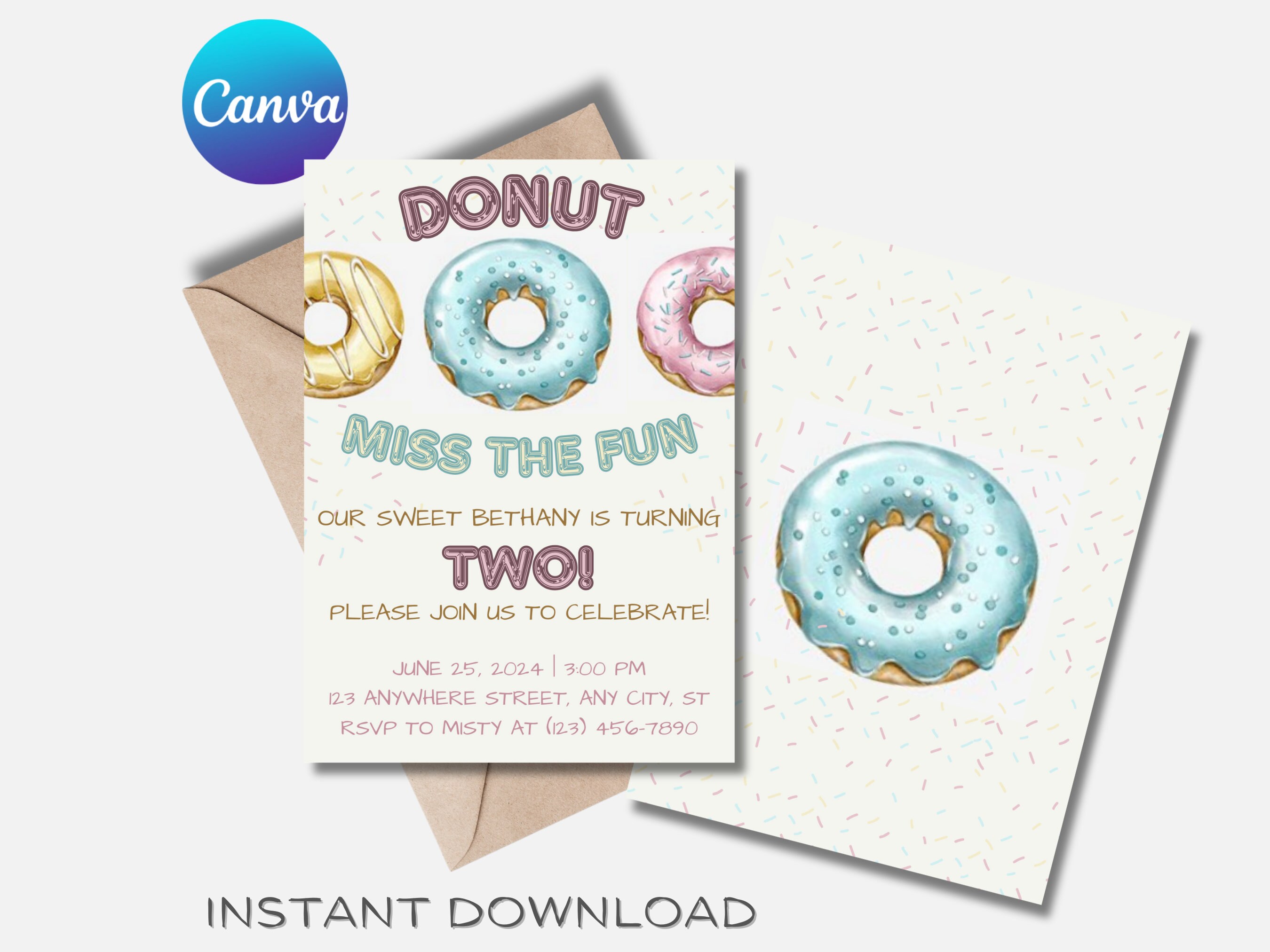 Donut Miss the Fun Birthday Party, Editable Donut Invitation, Sprinkle ...