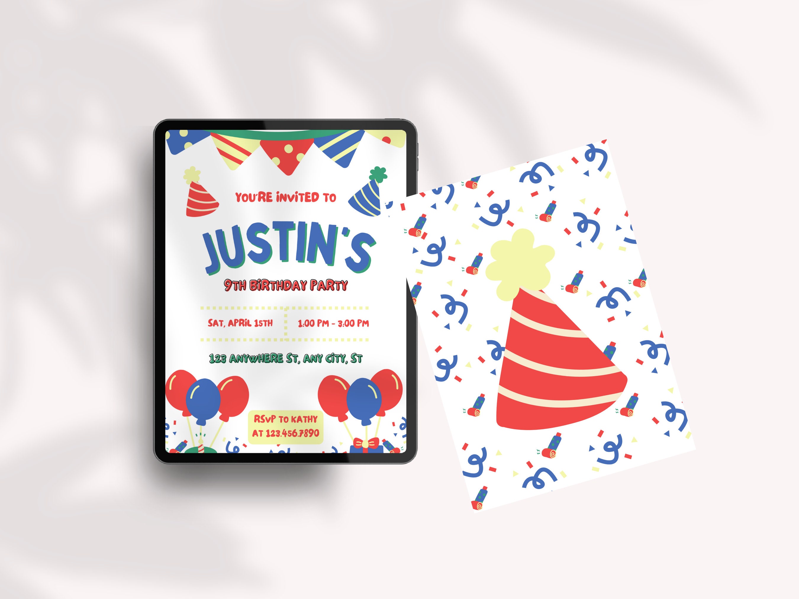 Red & Blue Confetti Birthday Party Invitation, Confetti and Balloons ...