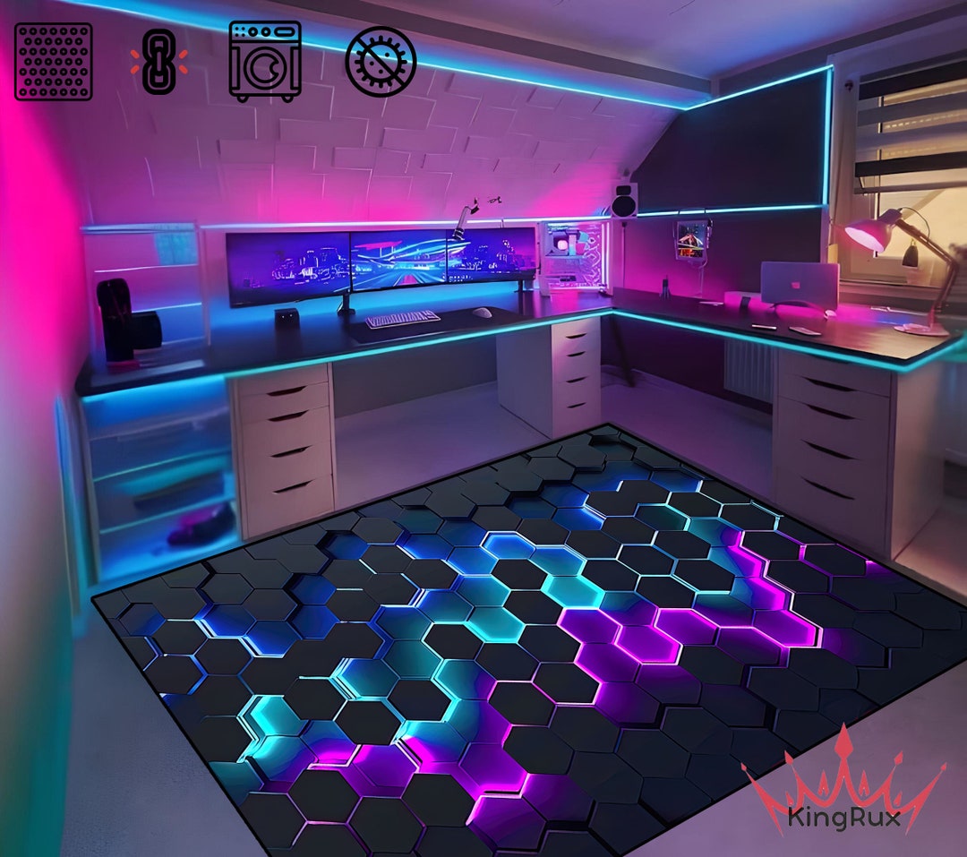 Gaming Rug, E-sports Rug, Neon Hexagon Gamer Rug, E-sports Gamer Rug ...