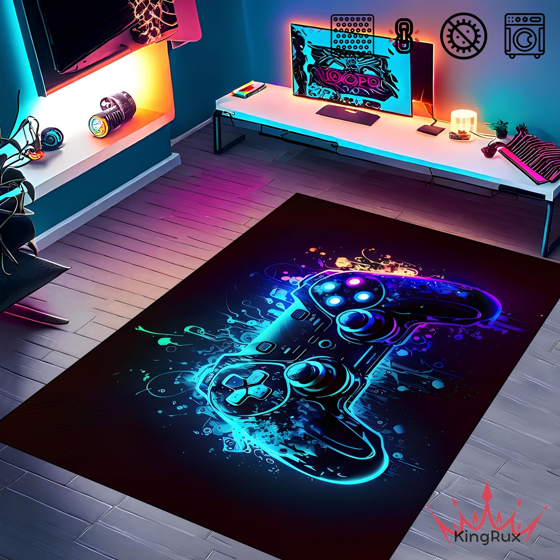 Game Controller Rug, Gamer Rug, Joysticks Rug, Gaming Rug, Neon Game ...