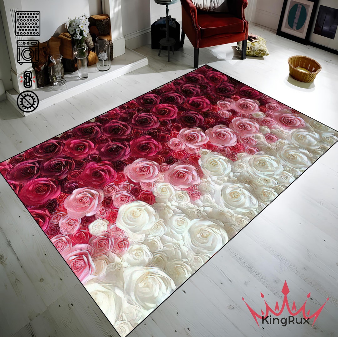 Rose Themed Rug, Red Rose Rug, White Rose Rug, Rose Pattern, Rose ...