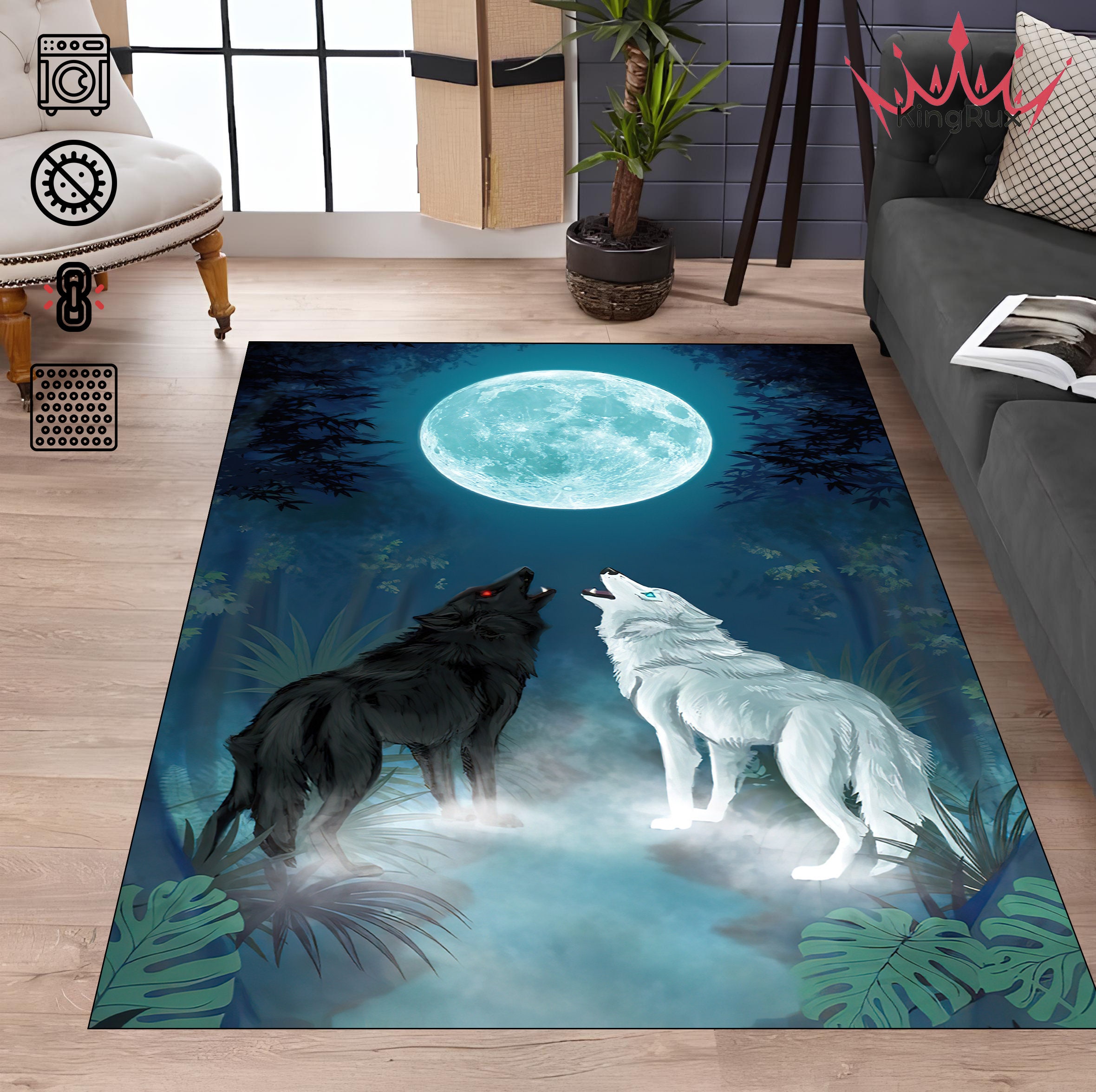 Wolf Rug, Wolf Pattern Rug, Full Moon Themed Rug, Howling Wolf Themed ...