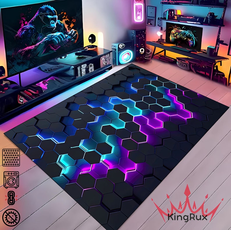 Gaming Rug, E-sports Rug, Neon Hexagon Gamer Rug, E-sports Gamer Rug ...