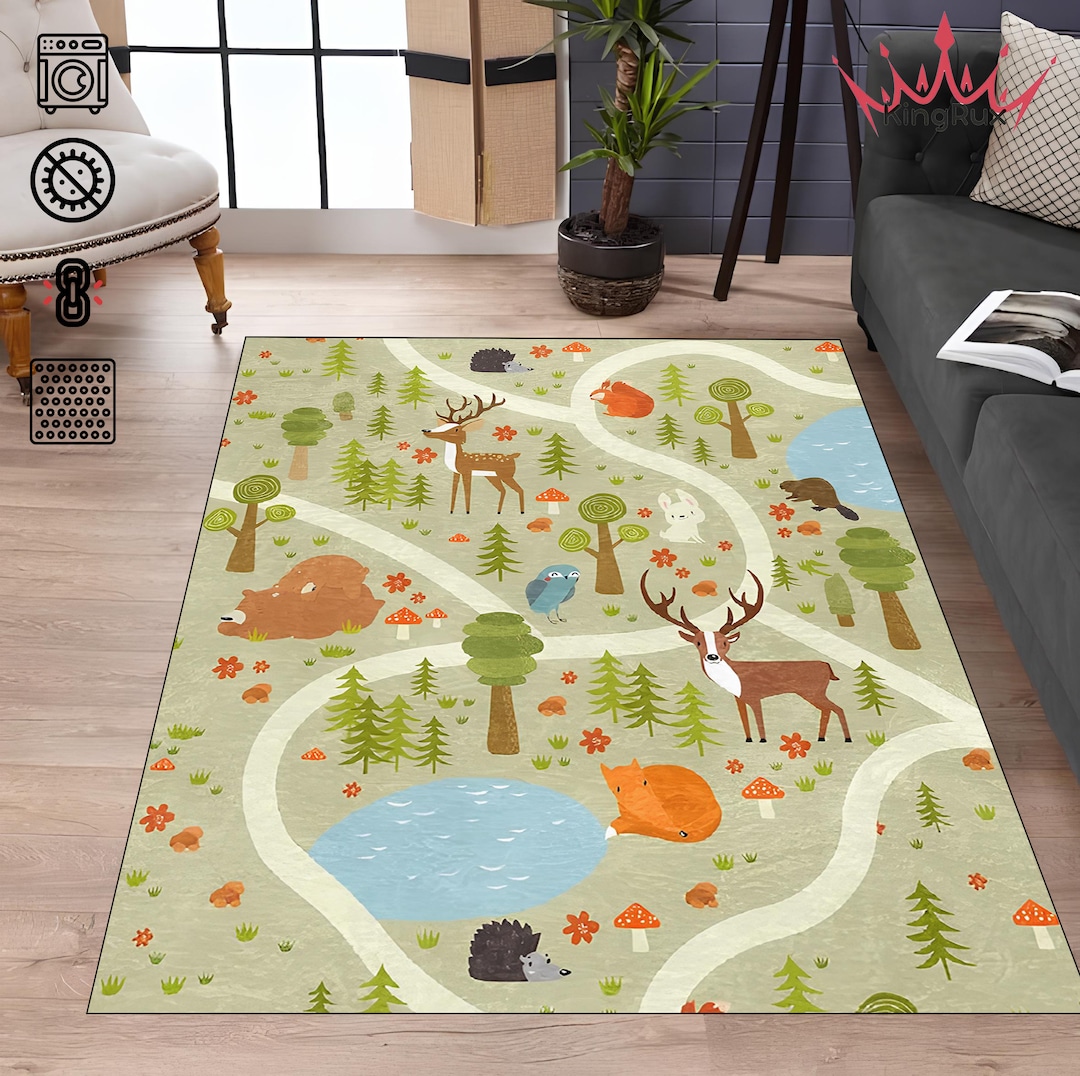Animals Nursery Rug, Forest Playmat for Kids Room, Hedgehog Toddler ...