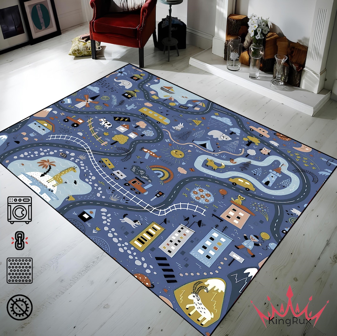 Rural Nursery Kids Rug, City Map Rug, Village Rug for Kids, Animals ...