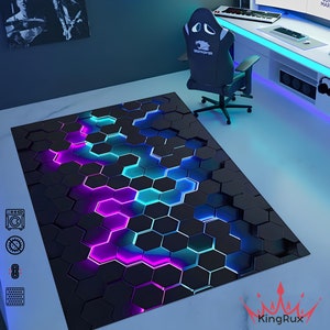 Gaming Rug, E-sports Rug, Neon Hexagon Gamer Rug, E-sports Gamer Rug ...
