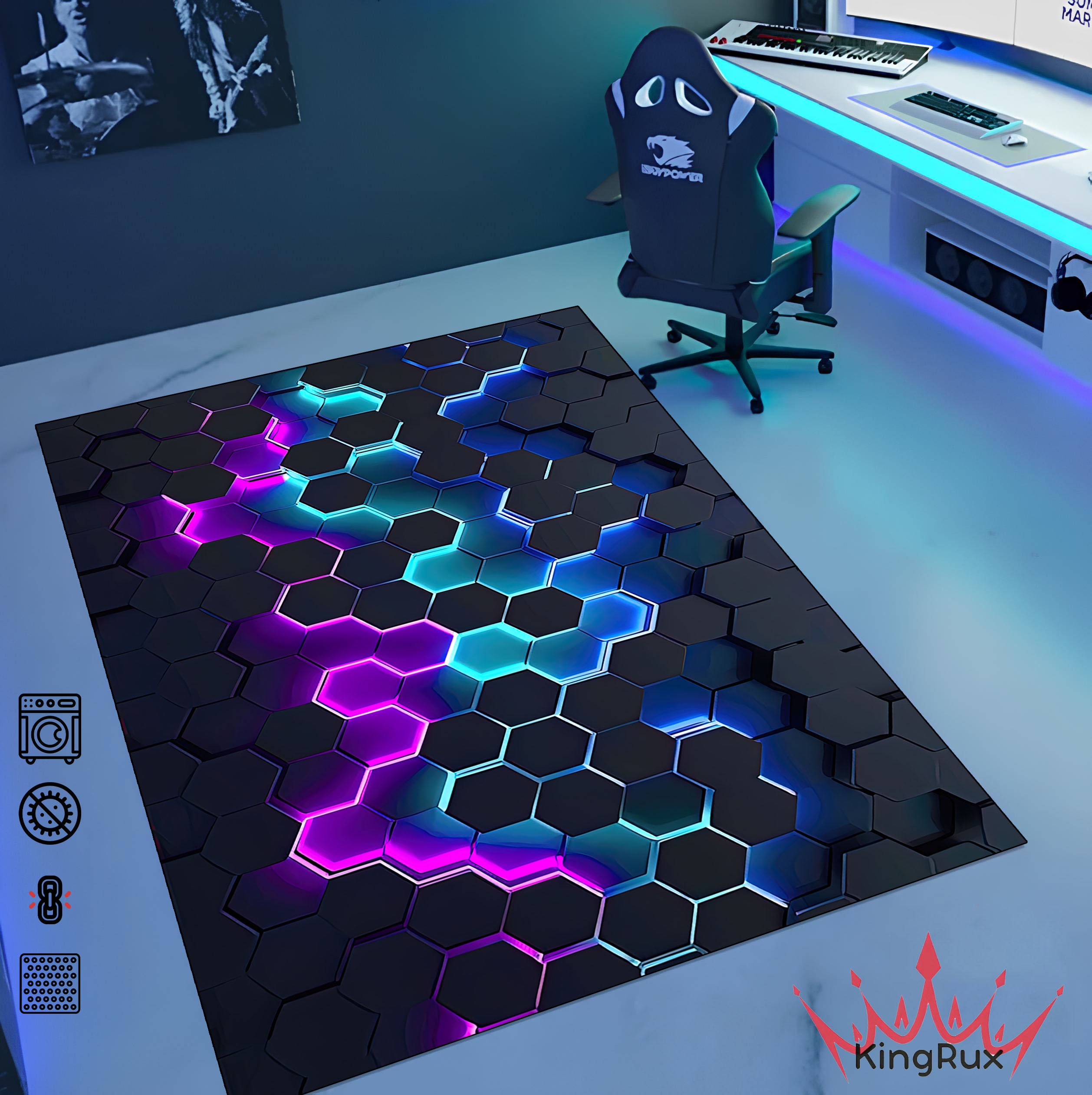 Gaming Rug, E-sports Rug, Neon Hexagon Gamer Rug, E-sports Gamer Rug ...