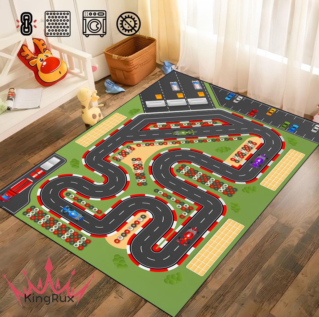 Race Road Playground Nursery Kids Rug, Race Track Rug for Kids, Race ...