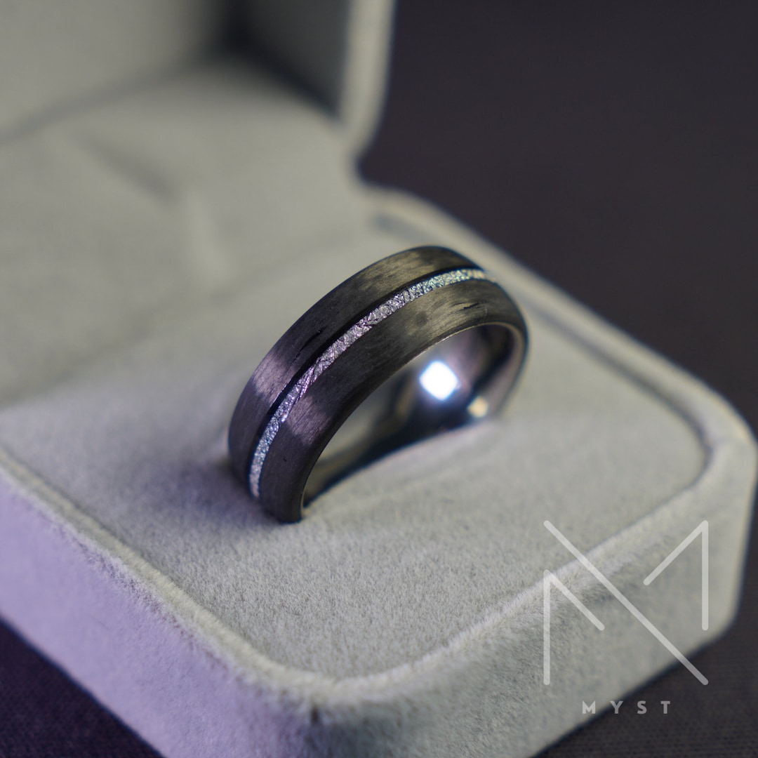 Modern Dark Metallic Ring With Textured Silver Inlay, Black Tungsten ...