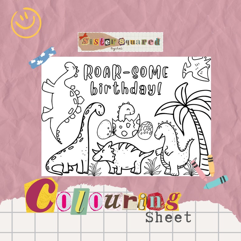 Roarsome Birthday Dino Themed Birthday Colouring Pages Instant Download ...