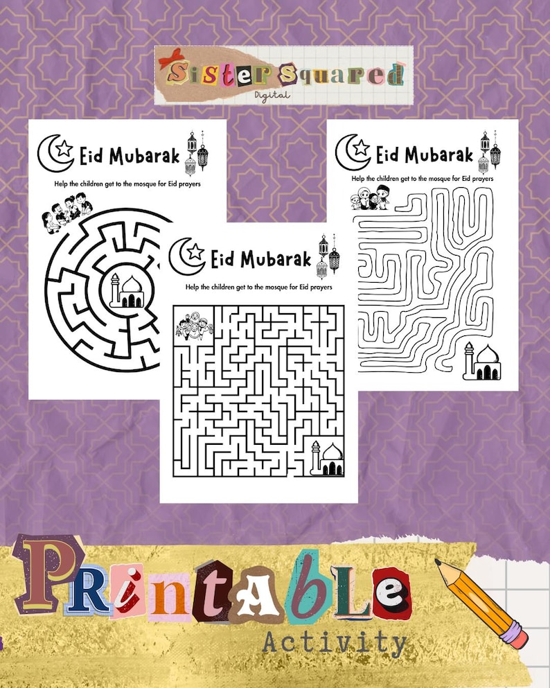 Eid Maze Printable Set for Kids | Colour + Ink-saving PDF | 3 Fun Mazes ...