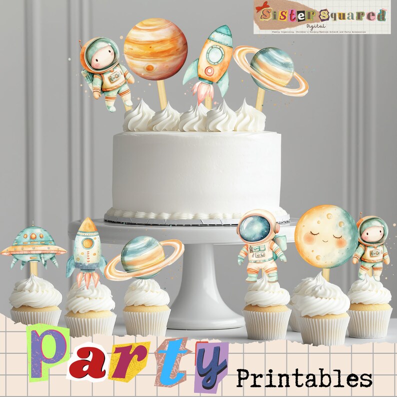 INSTANT DOWNLOAD Watercolour Space Themed Cake Toppers - Cute Childrens ...