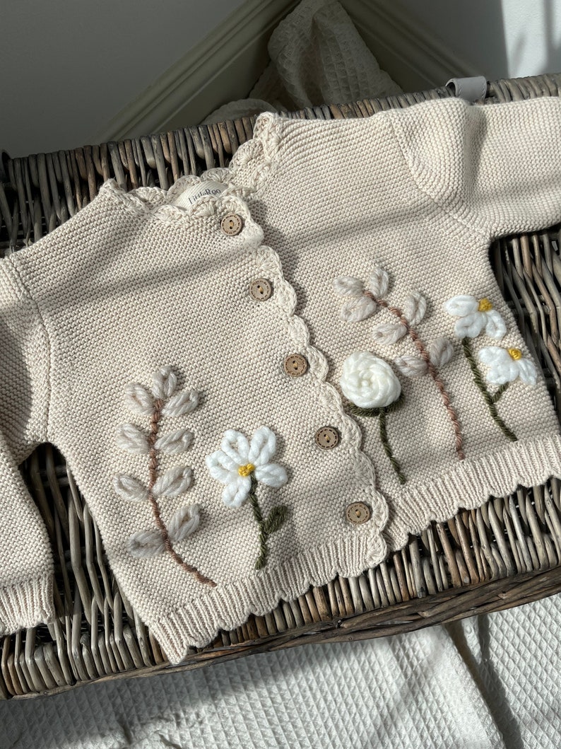 Personalised Floral Beige Knit Baby Cardigan - Etsy
