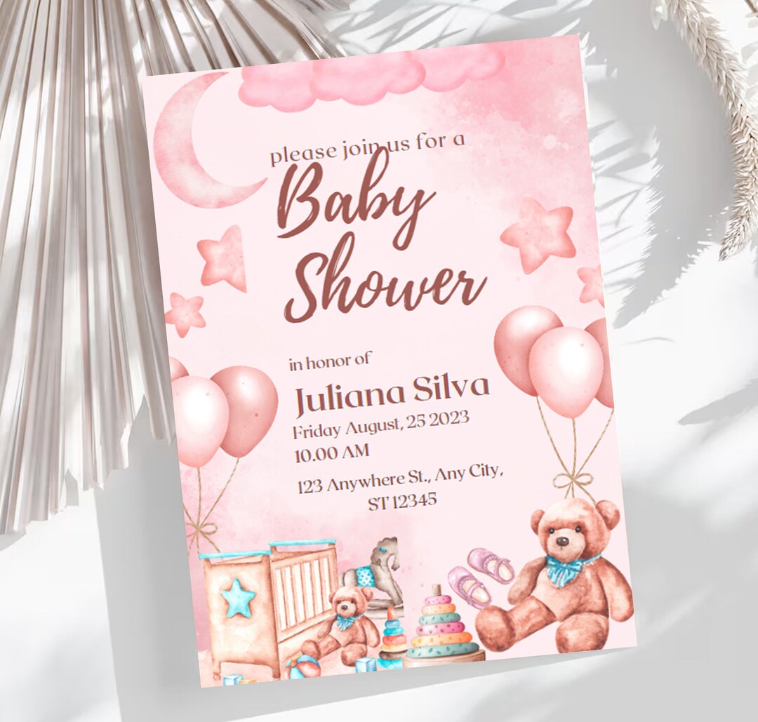 Editable Pink Baby Shower Invitation, Baby Shower Digital Invite, Canva ...