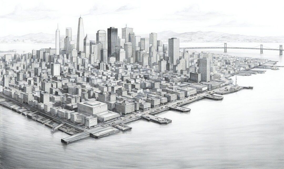 San Francisco Skyline Art - Pencil Sketch Style Waterfront Cityscape ...