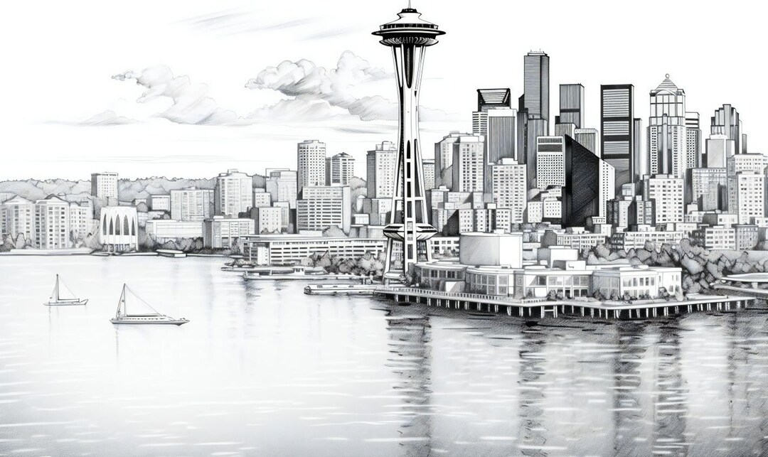 Seattle Waterfront and Skyline Art Print - Monochrome Cityscape Drawing ...
