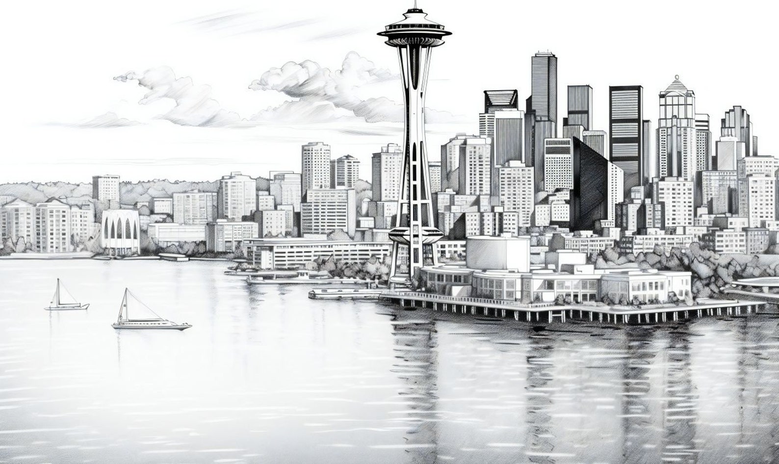 Seattle Waterfront and Skyline Art Print - Monochrome Cityscape Drawing ...