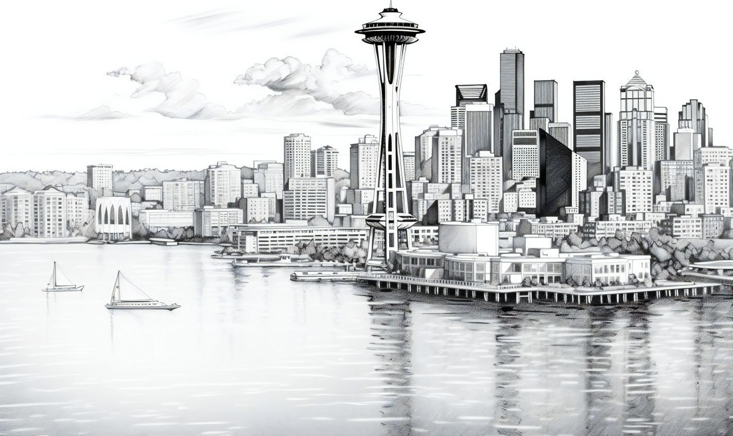 Seattle Waterfront and Skyline Art Print - Monochrome Cityscape Drawing ...