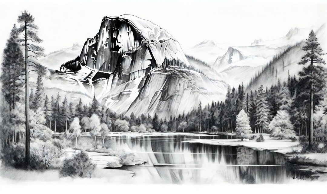 Yosemite's Tranquil Mirror Lake Scene - Striking Pen Art Print ...