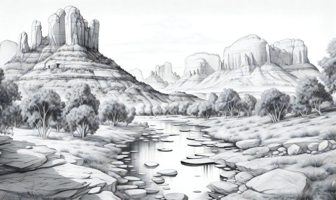 Sedona Creek and Mesas Art Print - Peaceful Monochrome Landscape ...