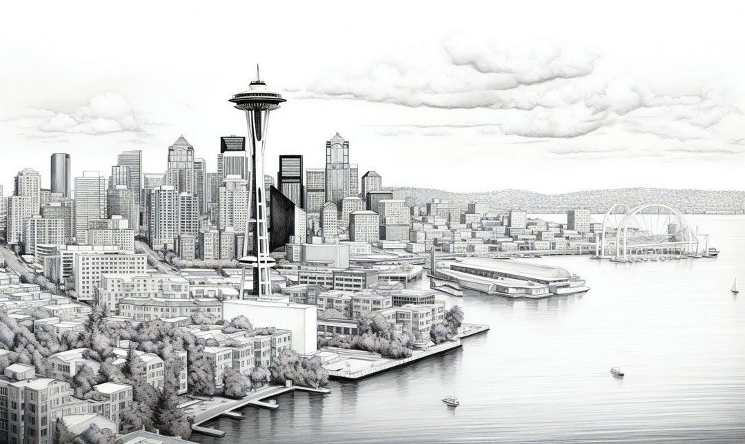 Seattle's Iconic Skyline Art - Monochrome Waterfront and City Drawing ...