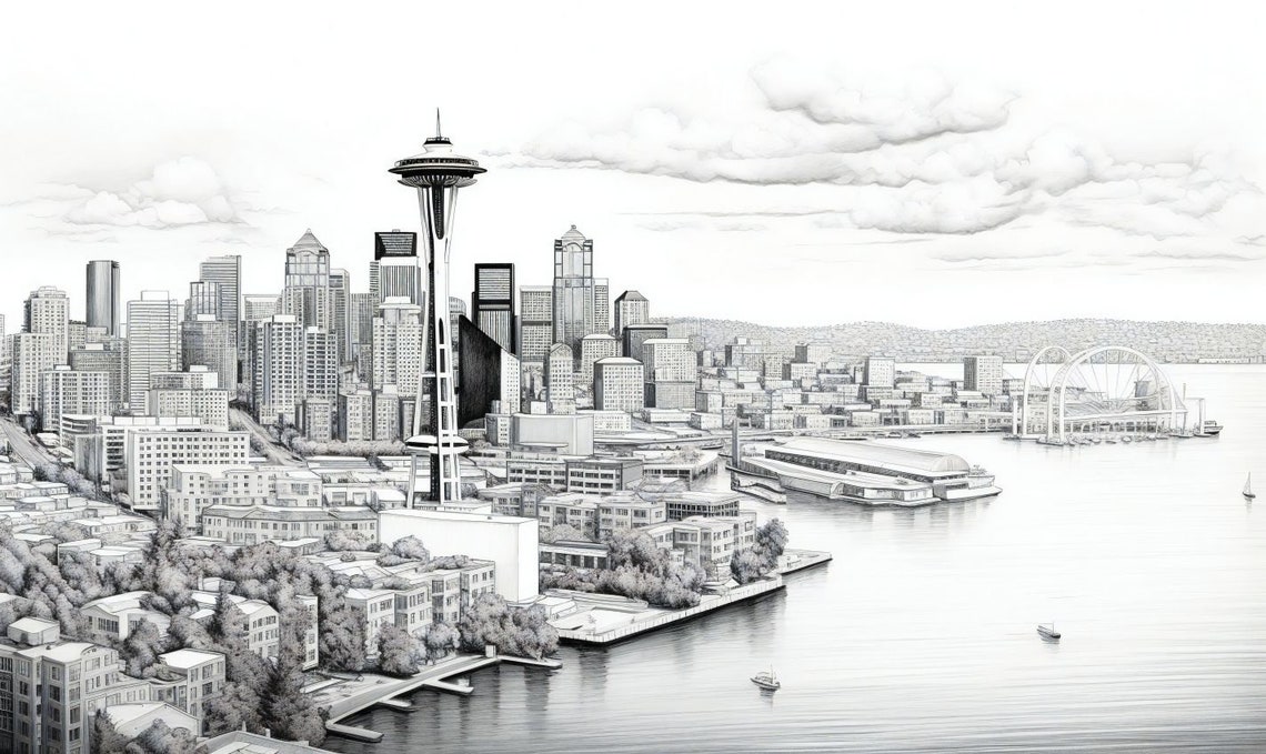 Seattle's Iconic Skyline Art - Monochrome Waterfront and City Drawing ...