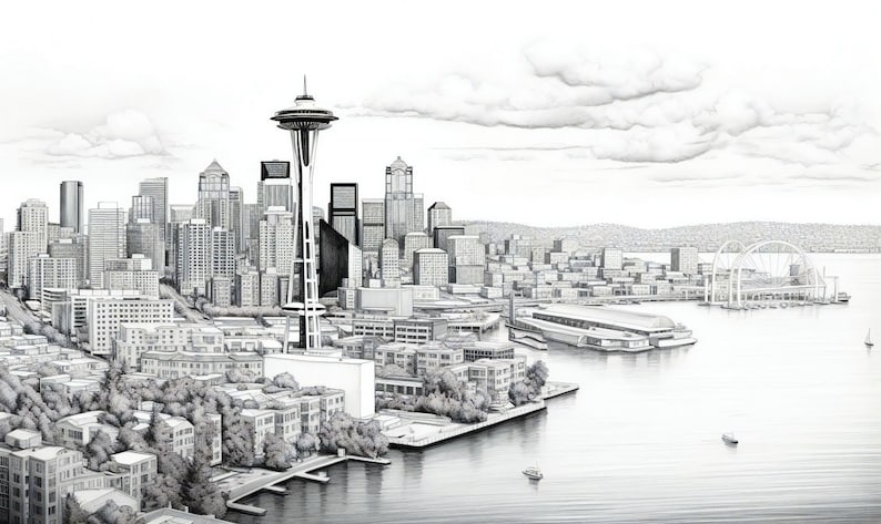 Seattle's Iconic Skyline Art - Monochrome Waterfront and City Drawing ...