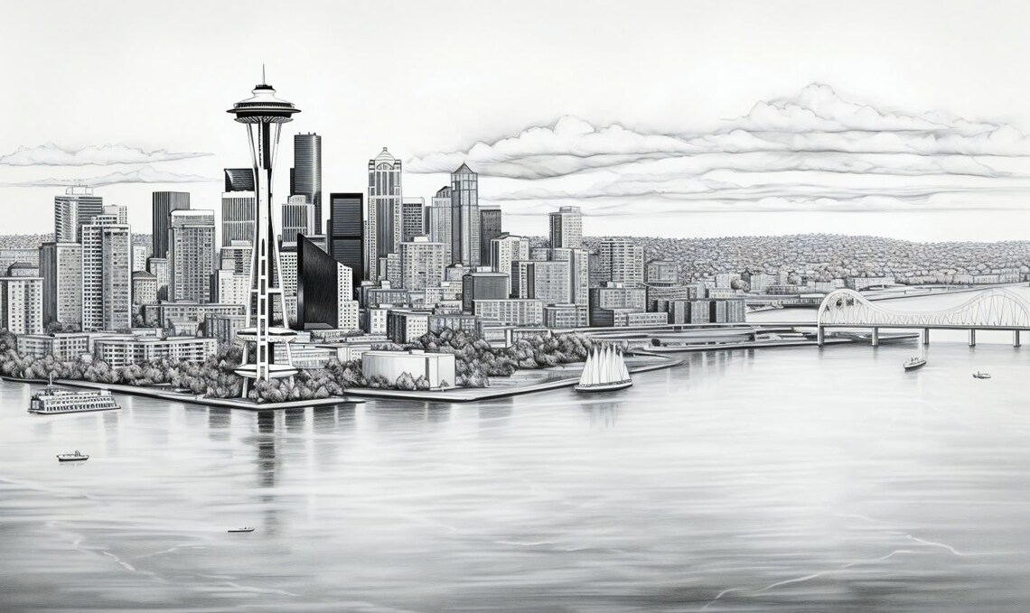Seattle Skyline and Space Needle Art Print - Monochrome City and ...