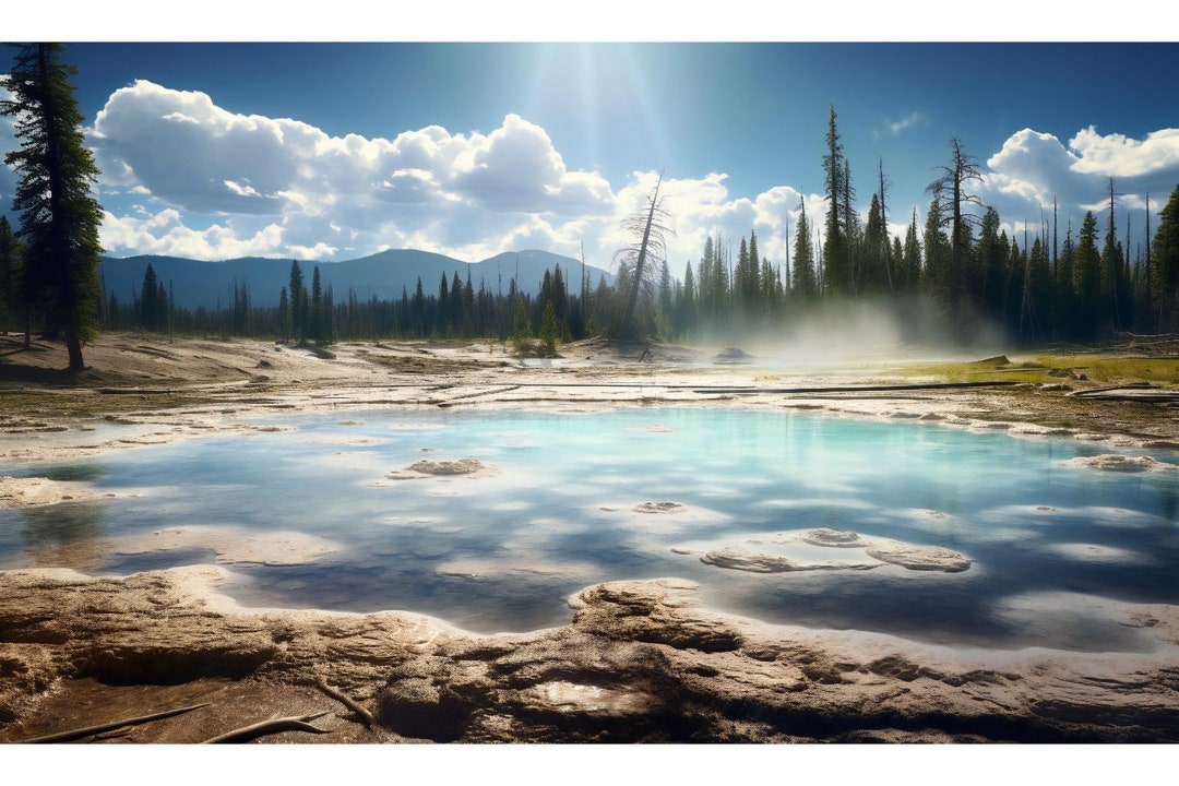 Sunny Yellowstone Geysers - Inspiring Wall Art Print, Thermal Spring ...