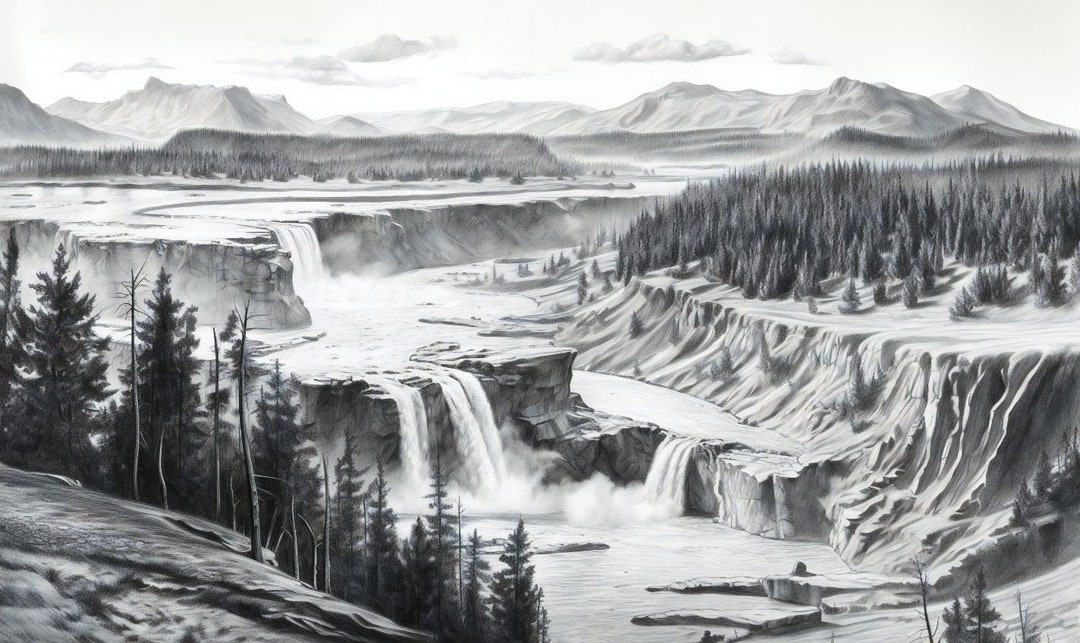 Yellowstone's Roaring Waterfalls - Pen Art Landscape - Dynamic River ...